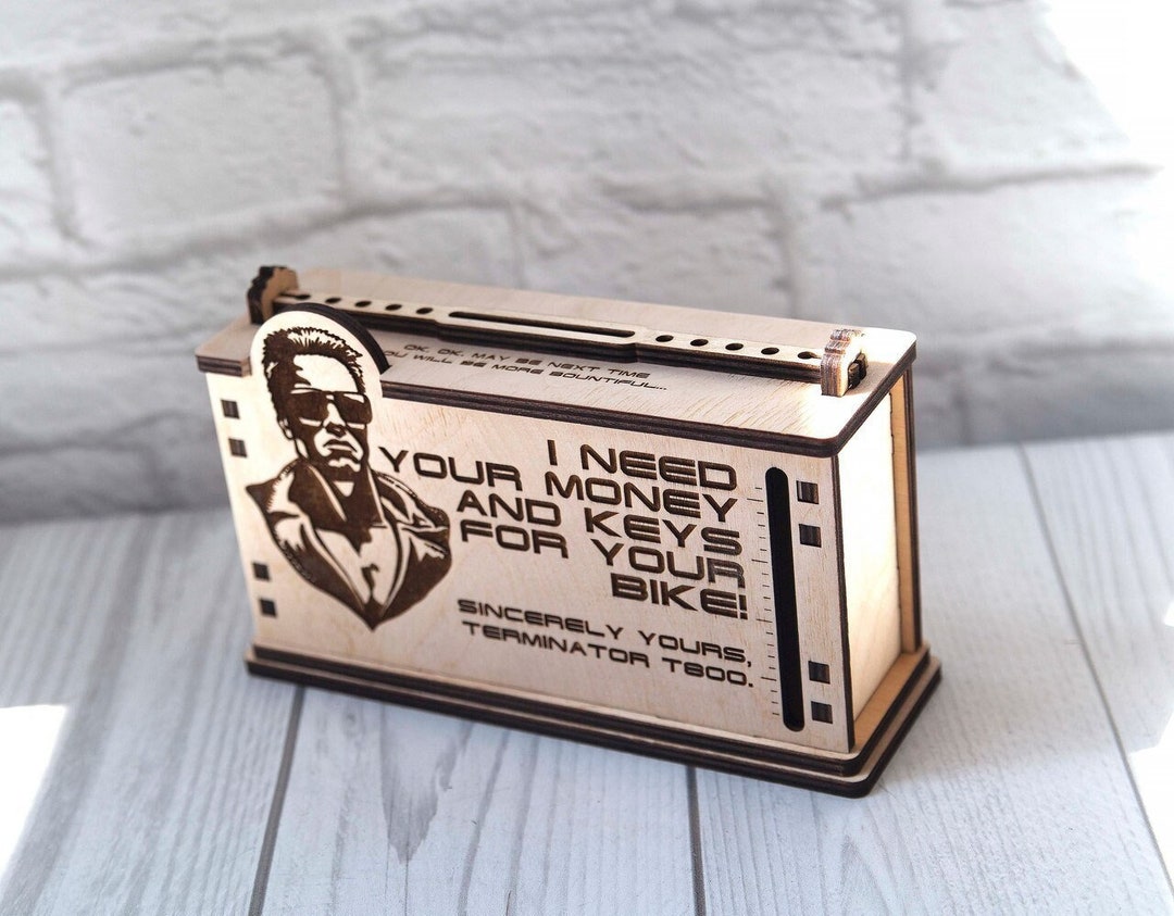 Funny Wooden Terminator Piggy Bank Wood Box Laser Cut Movie Quote Gift ...