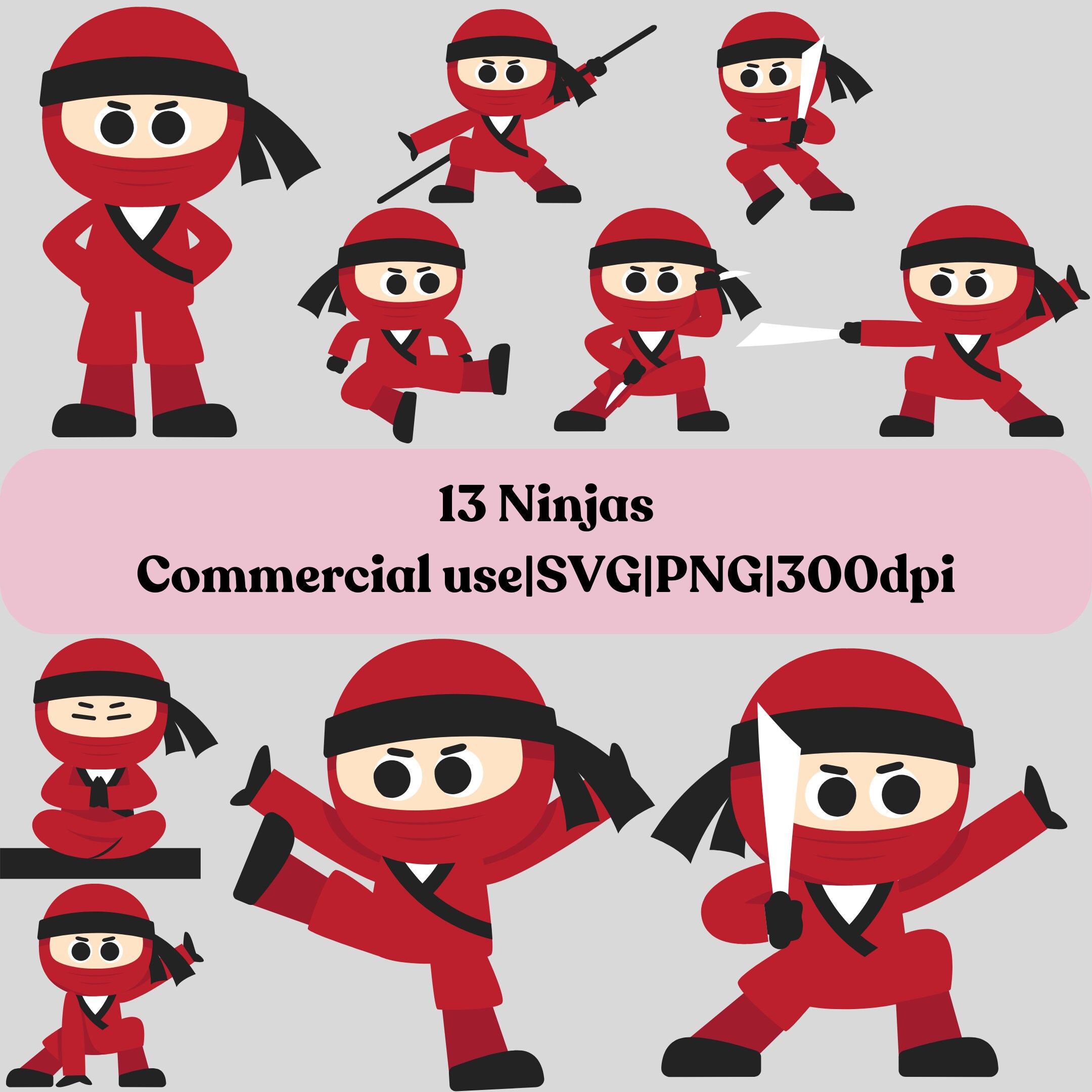 Cute Ninja Clipart 13 PNG SVG Colorful, Samurai, Illustrations, Instant ...