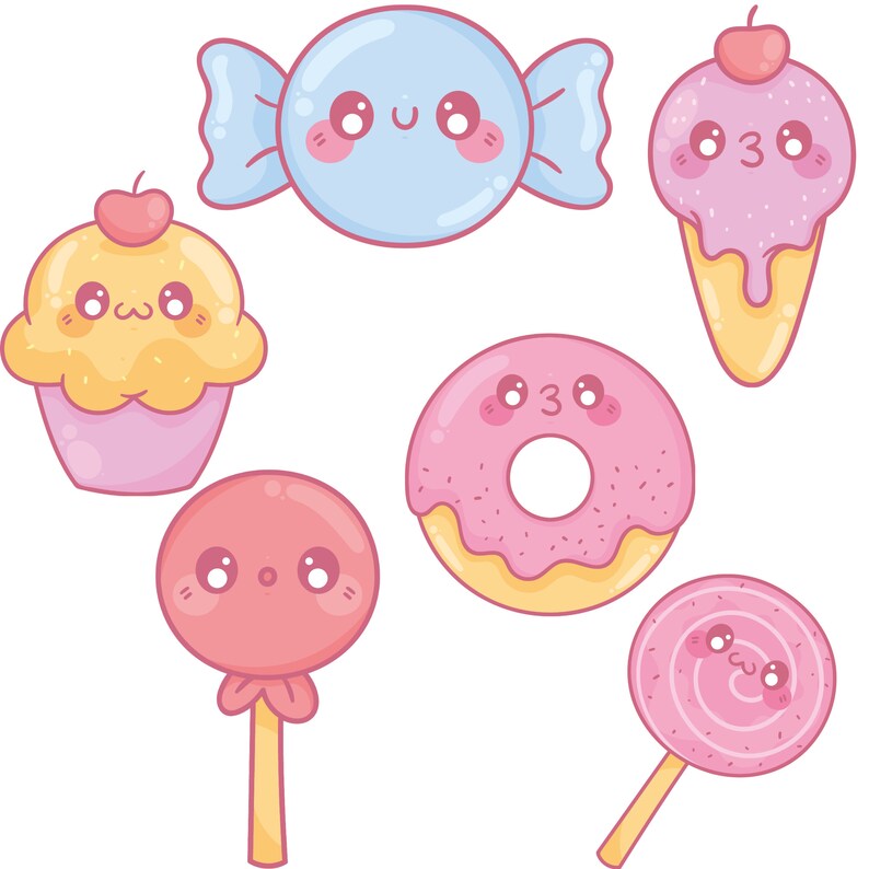 Kawaii Cute Sweets Clipart Bundle 12 SVG PNG Kawaii Stickers With Candy ...