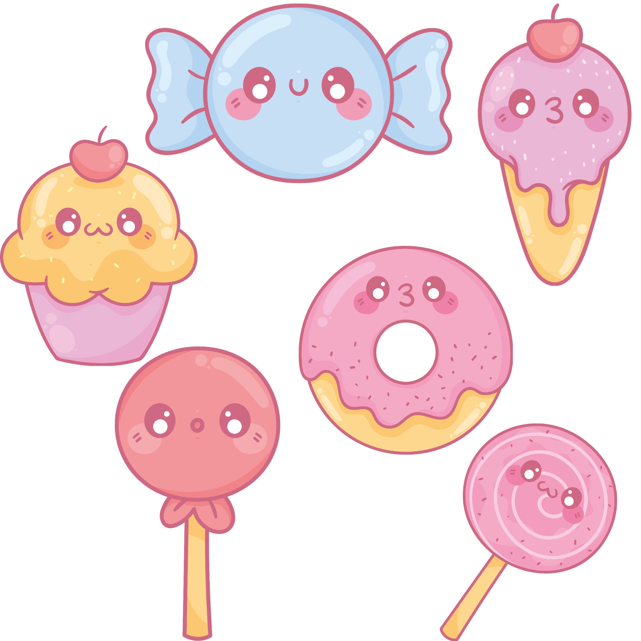 Kawaii Cute Sweets Clipart Bundle 12 SVG PNG Kawaii Stickers With Candy ...