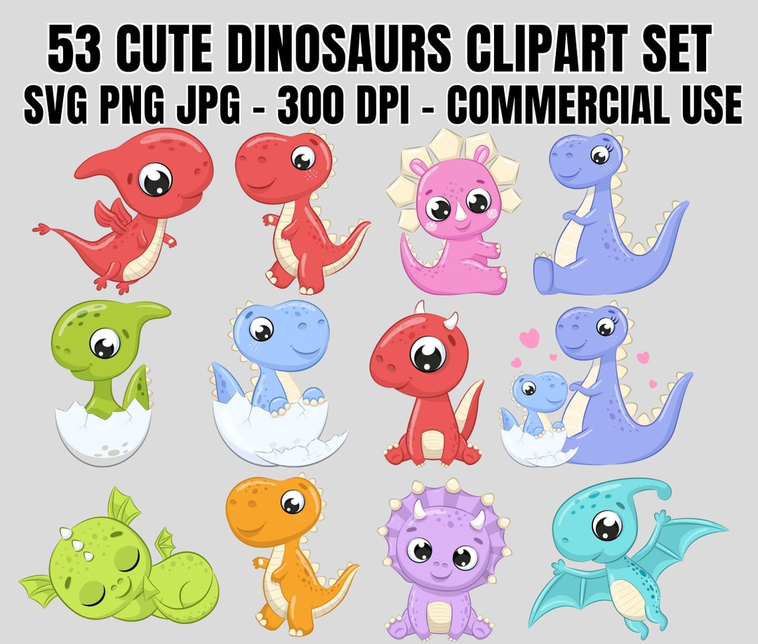 53 Cute Dinosaur Clipart Bundle SVG PNG JPG Icons, Kawaii Dinosaur ...