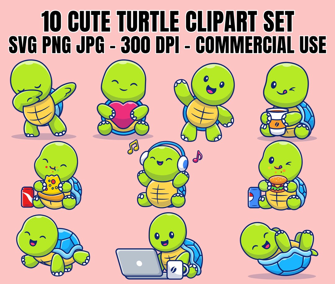 10 Cute Turtle Clipart Bundle SVG PNG JPG Kawaii Turtle Baby Turtle ...