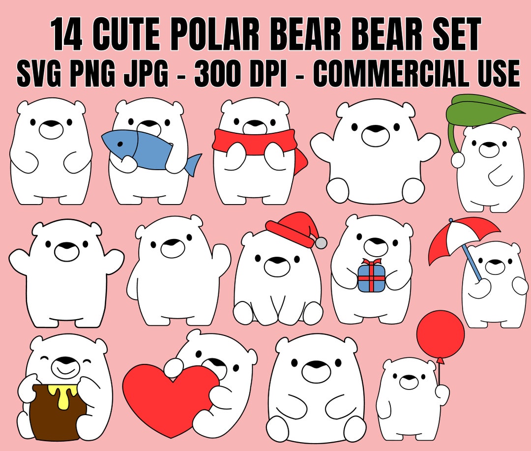14 Cute Polar Bear Clipart Bundle SVG PNG JPG, Kawaii Polar Bear, Baby ...