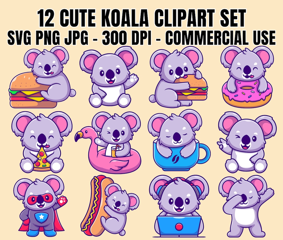 12 Cute Koala Clipart Bundle SVG PNG JPG Pdf Kawaii Koala Baby Koala ...