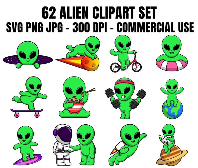 62 Cute Alien Clipart Bundle SVG PNG JPG Icons Kawaii Alien Baby Alien ...