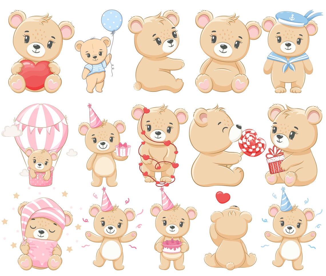 59 Cute Teddy Bear Clipart Bundle SVG PNG JPG Icons, Kawaii Teddy Bear ...