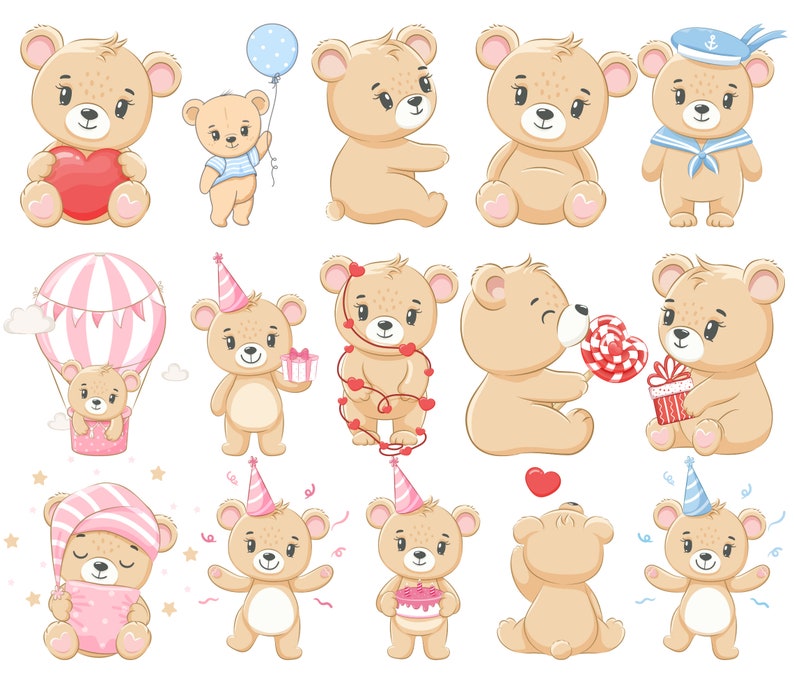 59 Cute Teddy Bear Clipart Bundle SVG PNG JPG Icons, Kawaii Teddy Bear ...
