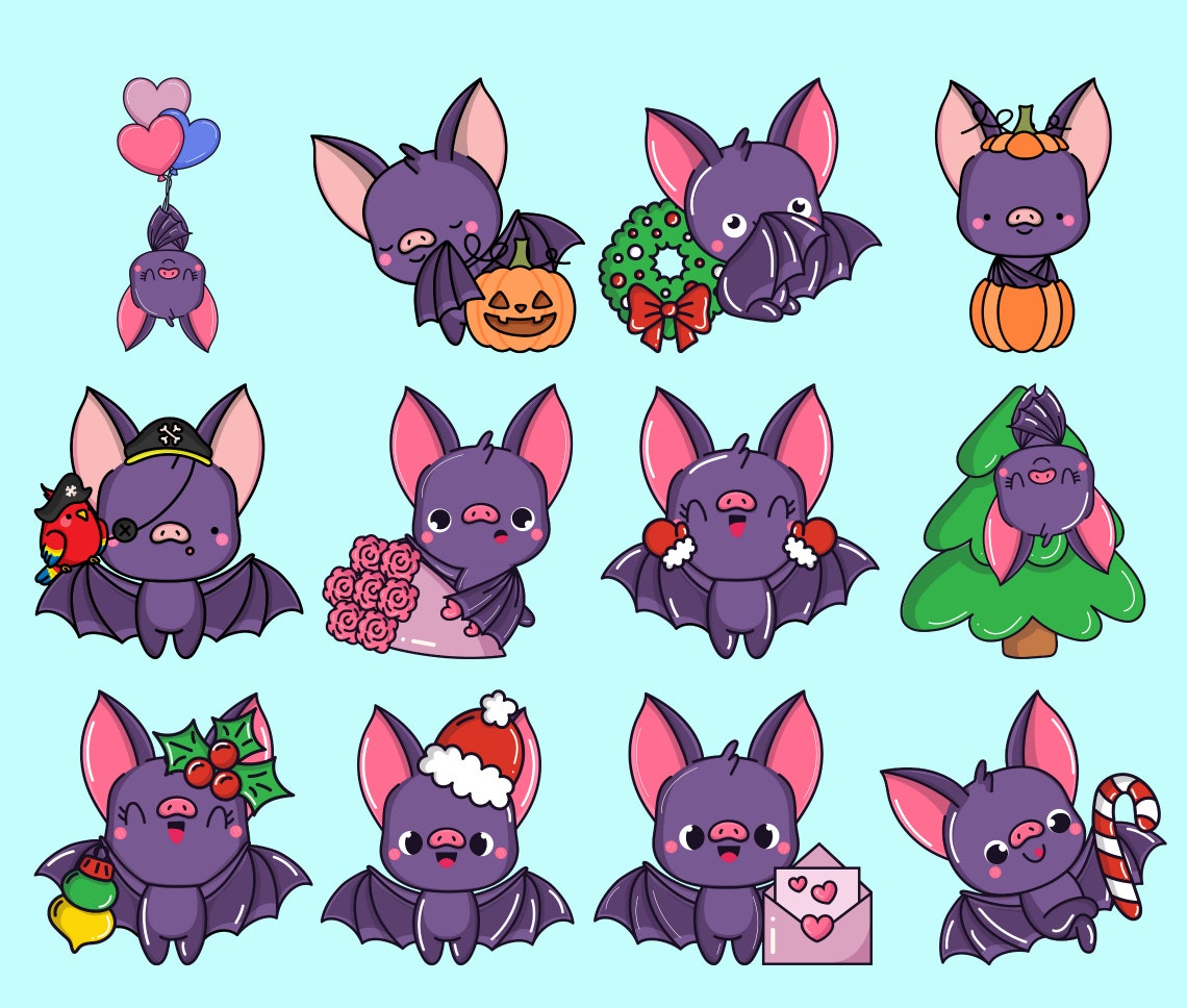 49 Cute Bat Clipart Bundle SVG PNG JPG Pdf Kawaii Bat Baby Bat - Etsy
