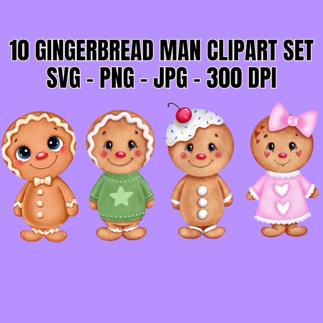 10 Cute Gingerbread Man Clipart Bundle SVG PNG JPG Kawaii Gingerbread ...
