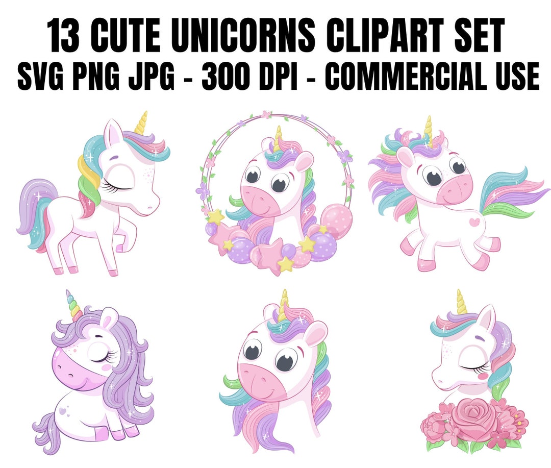 13 Cute Unicorn Clipart Bundle SVG PNG JPG Icons, Kawaii Unicorn Kids ...
