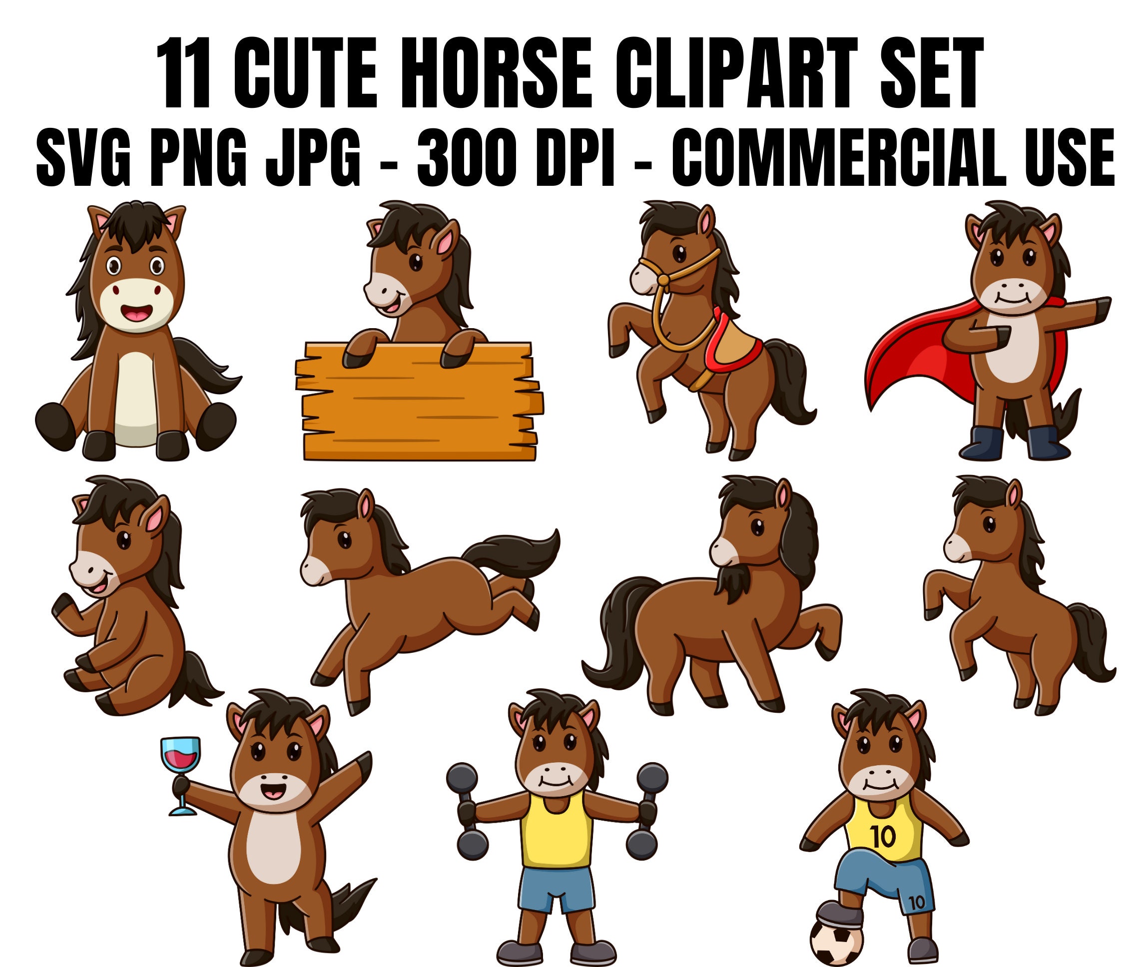 11 Cute Horse Clipart Bundle SVG PNG JPG Pdf, Kawaii Horse, Baby Horse ...