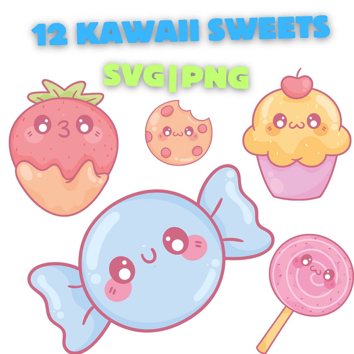 Kawaii Cute Sweets Clipart Bundle 12 SVG PNG Kawaii Stickers With Candy ...