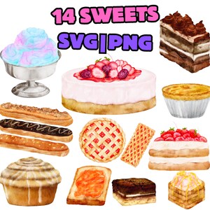 Sweets Watercolor Clipart Bundle 14 SVG PNG, Sweets Clipart, Pastry ...