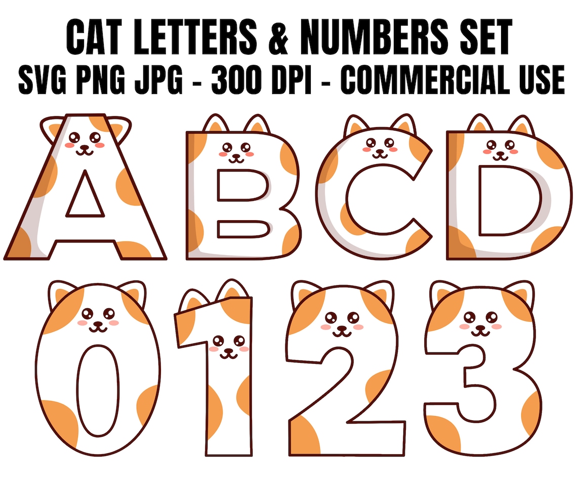 Cute A-Z Letters & Numbers Clipart Set SVG PNG JPG, Cat Alphabet ...