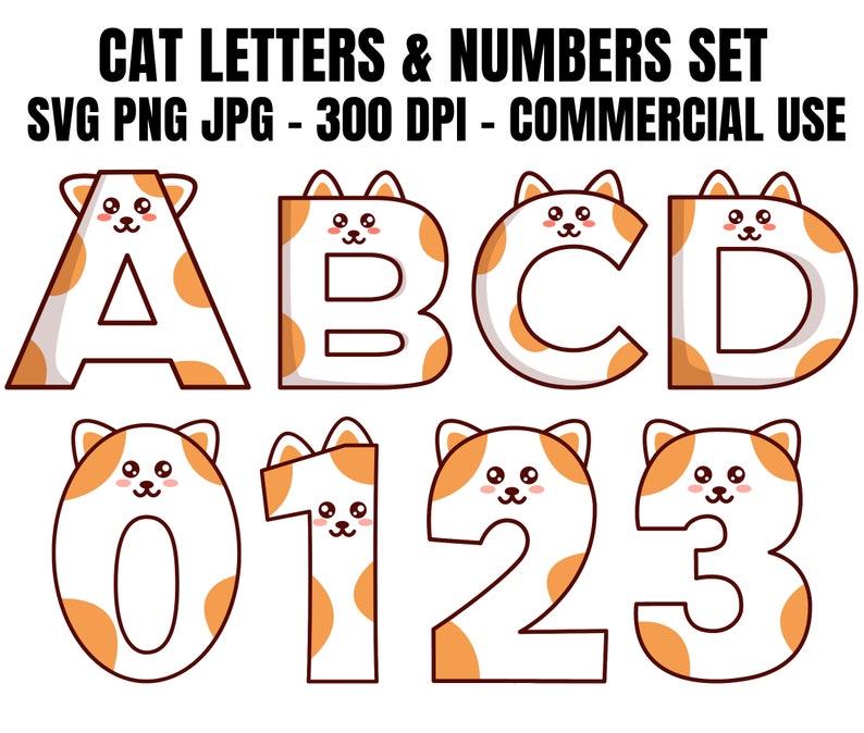 Cute A-Z Letters & Numbers Clipart Set SVG PNG JPG, Cat Alphabet ...