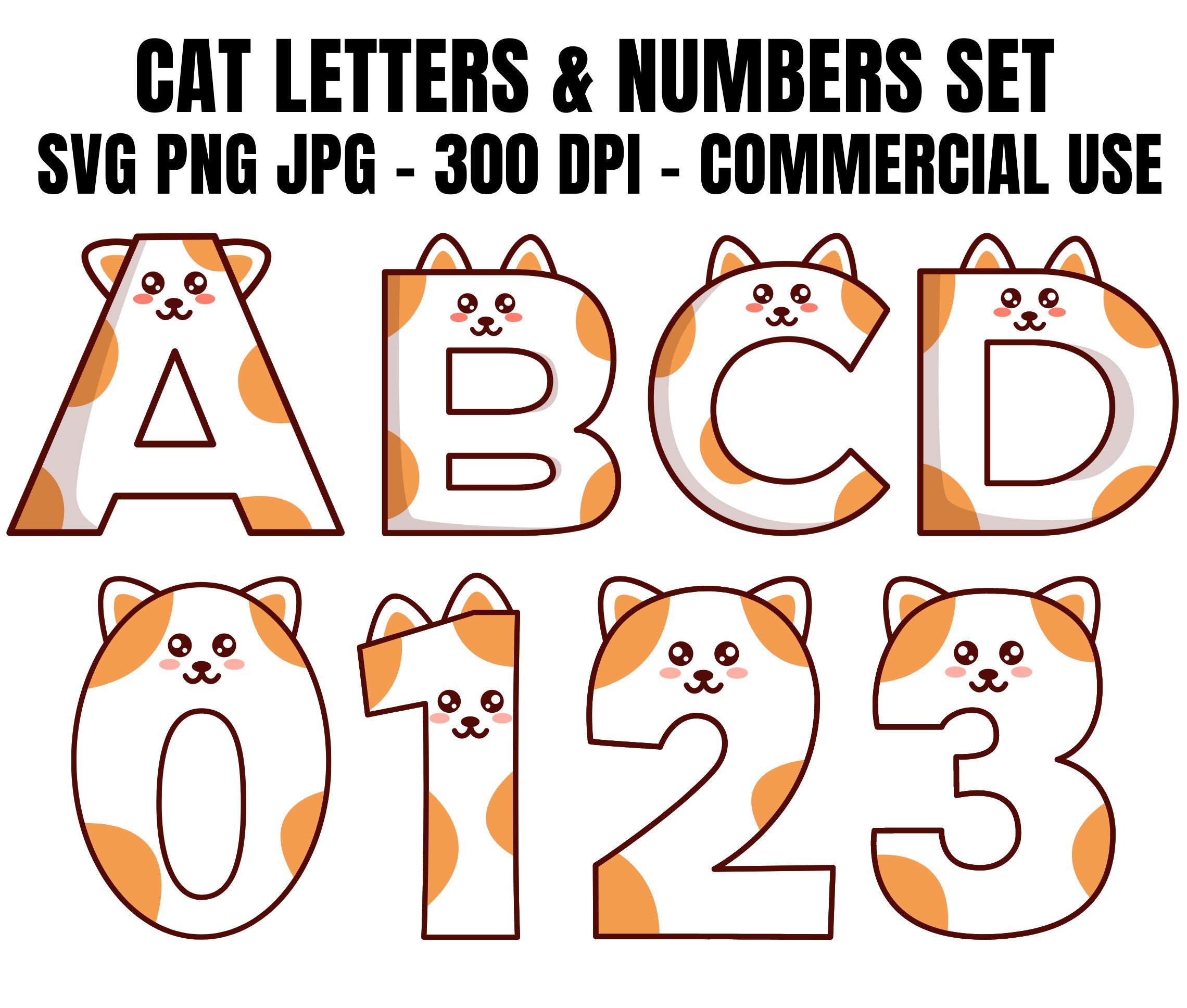 Cute A-Z Letters & Numbers Clipart Set SVG PNG JPG, Cat Alphabet ...