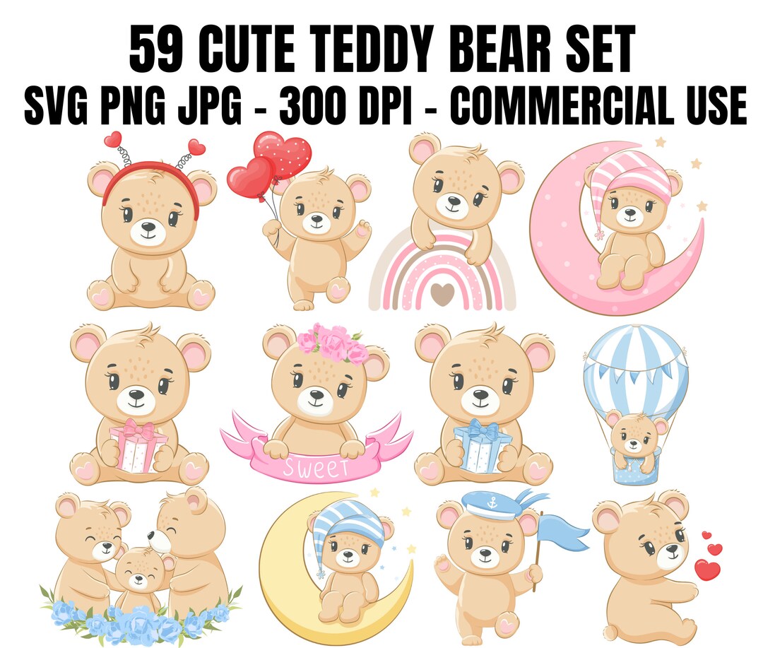 59 Cute Teddy Bear Clipart Bundle SVG PNG JPG Icons, Kawaii Teddy Bear ...