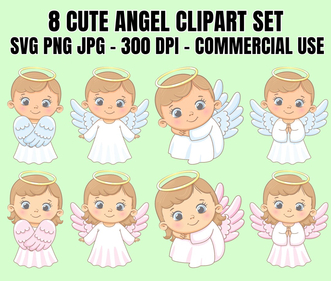 8 Cute Angel Clipart Bundle SVG PNG JPG Icons, Baby Angel, Kids Angel ...