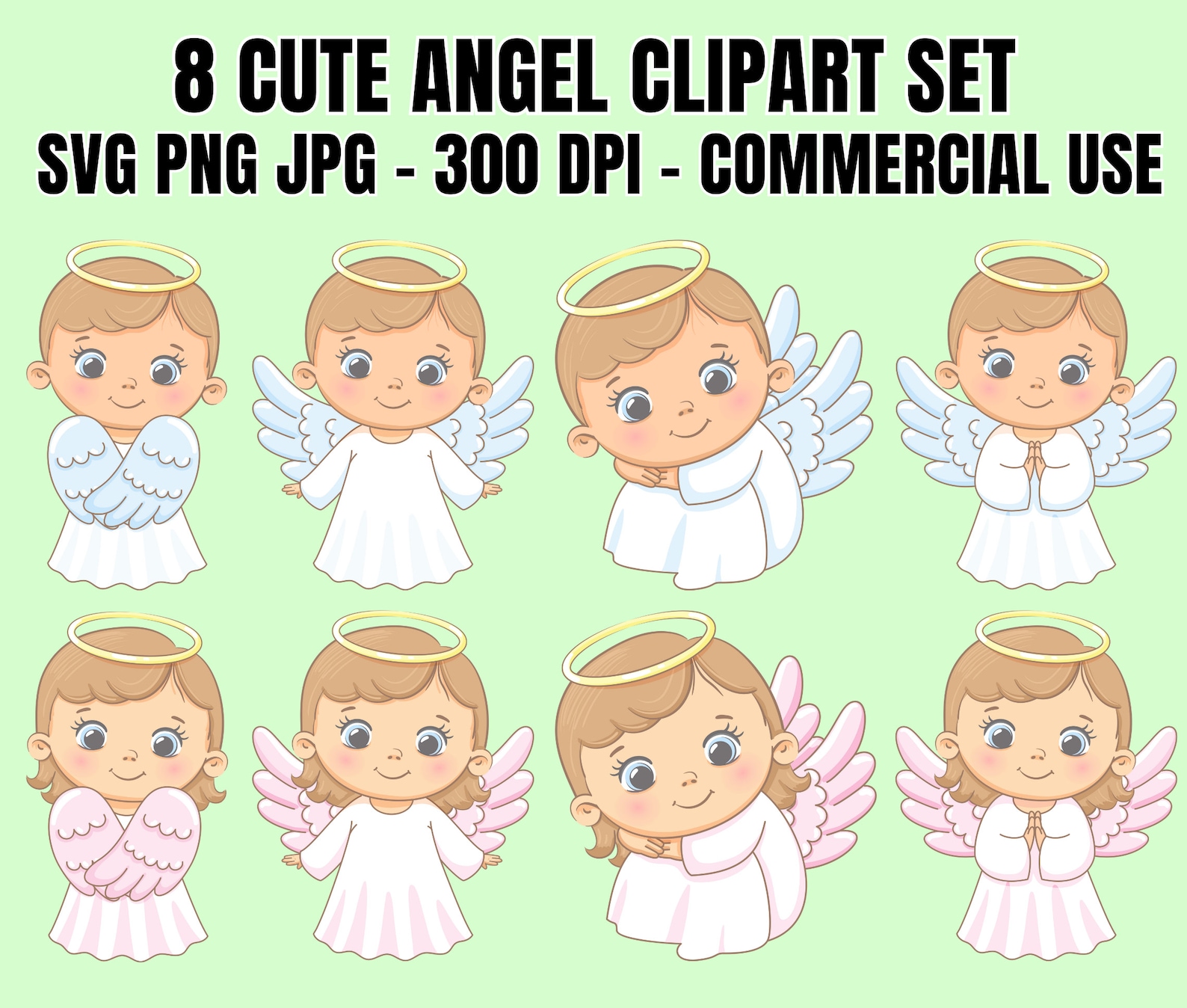 8 Cute Angel Clipart Bundle SVG PNG JPG Icons, Baby Angel, Kids Angel ...