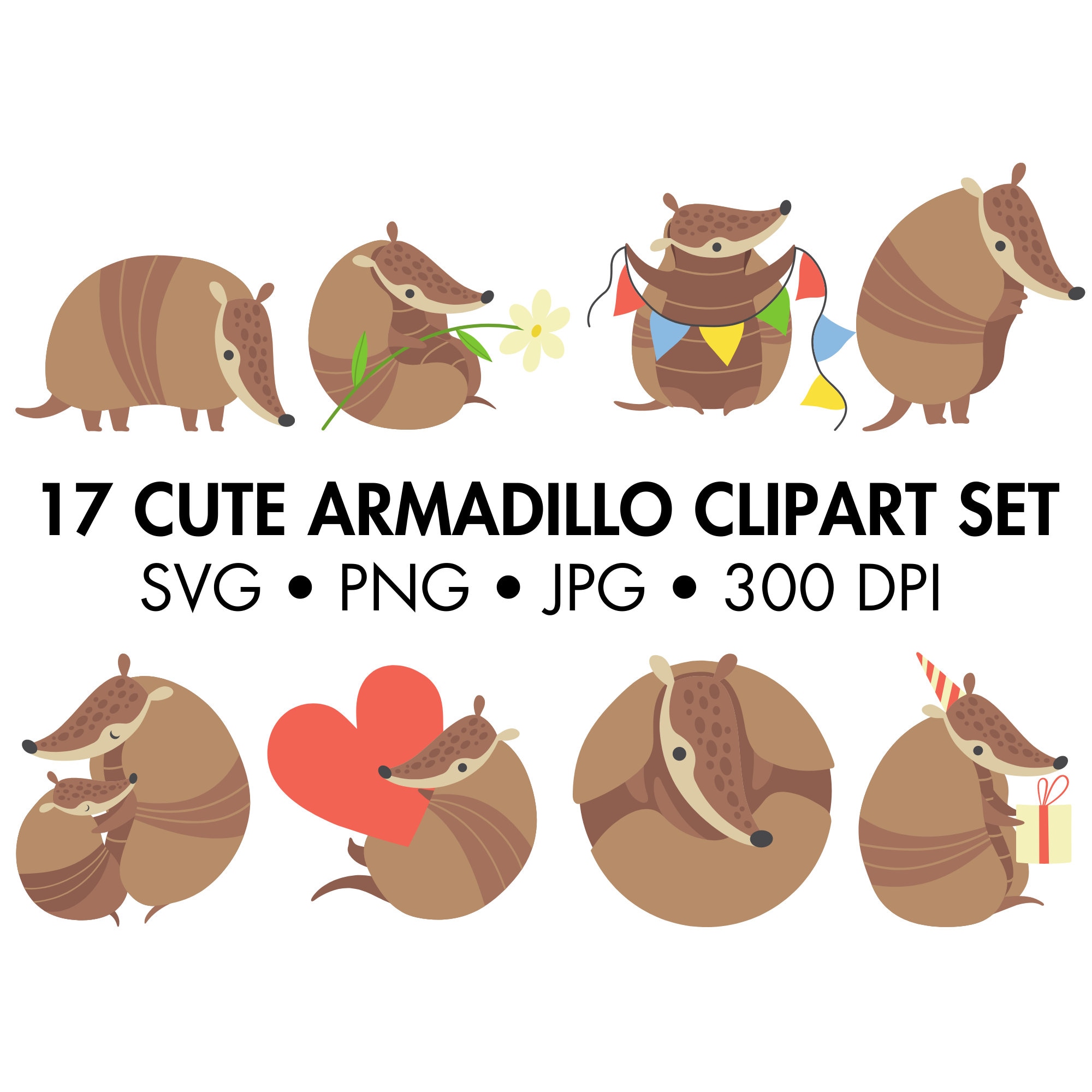 17 Cute Armadillo Clipart Bundle SVG PNG JPG, Kawaii Armadillo, Printable Animal, Baby Armadillo ...