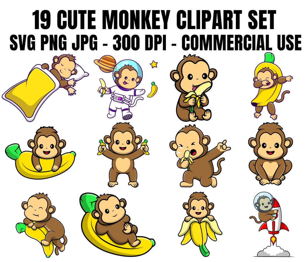 19 Cute Monkey Clipart Bundle SVG PNG JPG Pdf Kawaii Monkey - Etsy ...