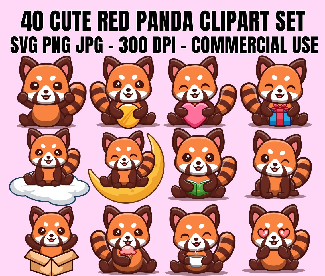40 Cute Red Panda Clipart Bundle SVG PNG JPG Pdf Icons Kawaii - Etsy
