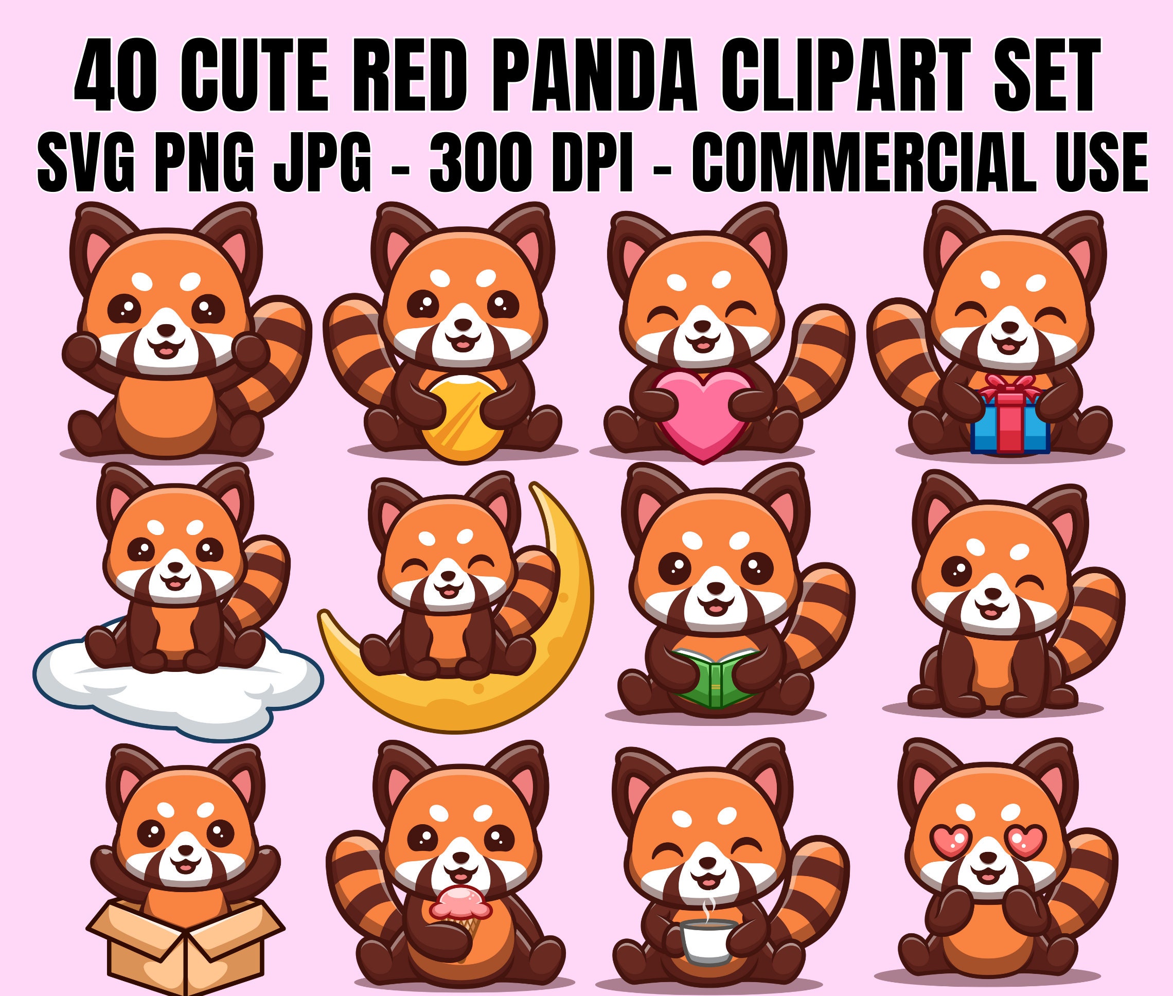 40 Cute Red Panda Clipart Bundle SVG PNG JPG Pdf Icons Kawaii - Etsy