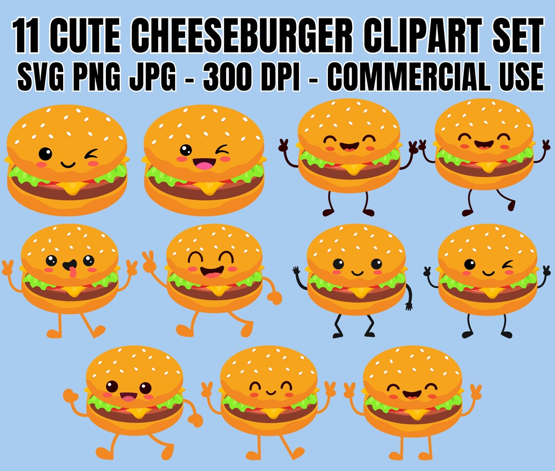 11 Cute Burger Clipart Bundle SVG PNG JPG Kawaii Burger Baby Burger ...