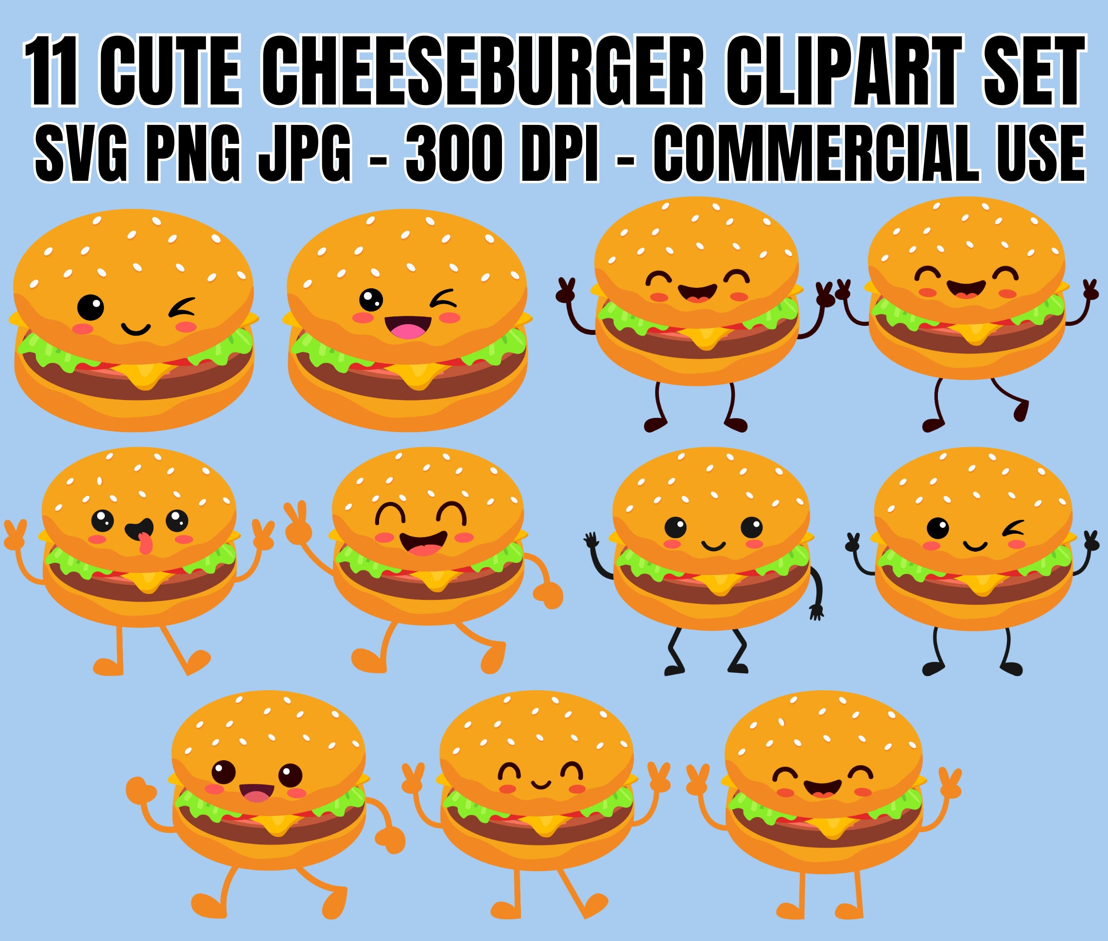 11 Cute Burger Clipart Bundle SVG PNG JPG Kawaii Burger Baby Burger ...