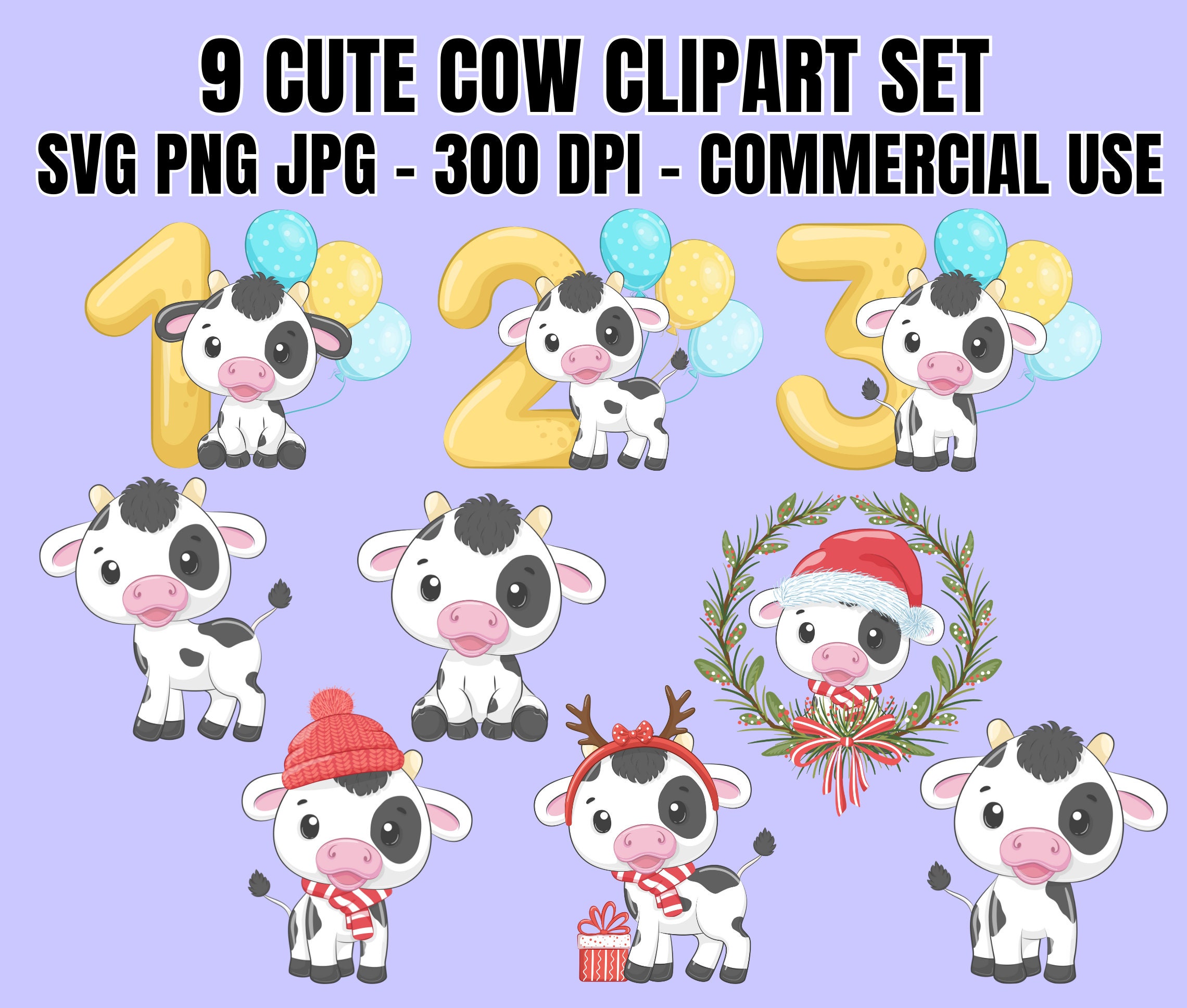 9 Cute Cow Clipart Bundle SVG PNG JPG Kawaii Cow Baby Cow Cute Animal ...