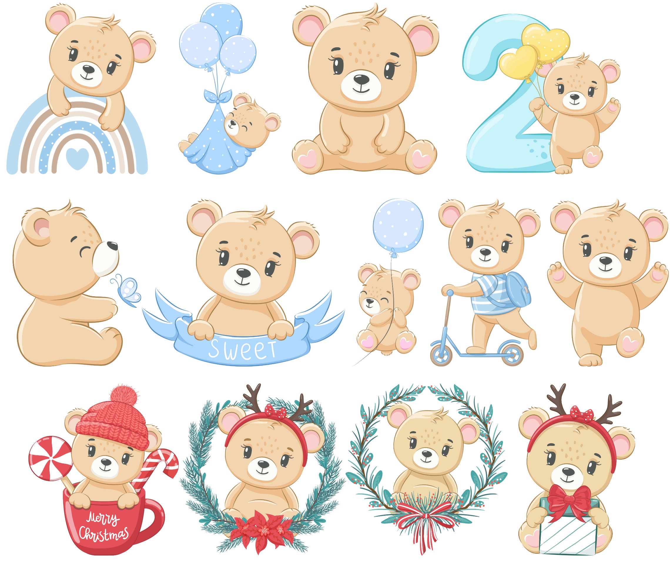 59 Cute Teddy Bear Clipart Bundle SVG PNG JPG Icons, Kawaii Teddy Bear ...
