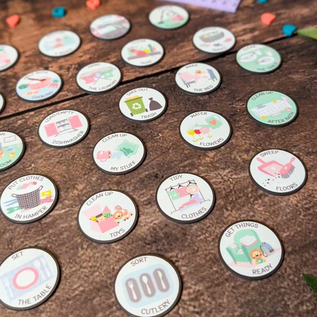 Kids Chore Magnets, Round, Visual, Housework Magnet Set, Illustrated ...