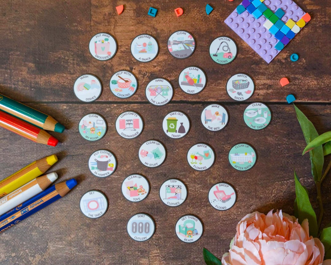 Kids Chore Magnets, Round, Visual, Housework Magnet Set, Illustrated ...
