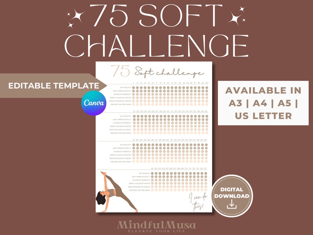 EDITABLE 75 Day Soft Challenge Tracker Printable, 75 Soft Medium Hard ...