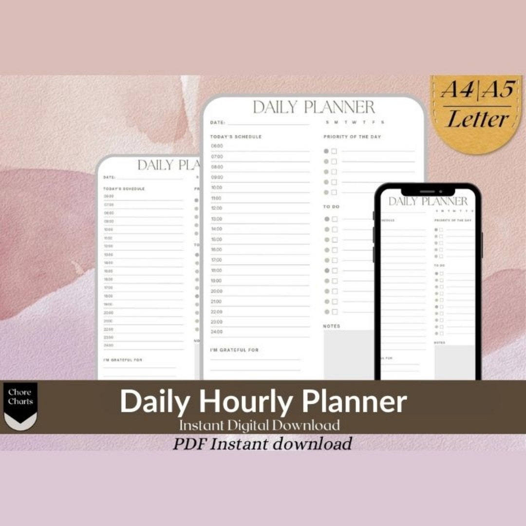 24 Hour Daily Planner Printable, Daily Hourly Planner, Military Time ...