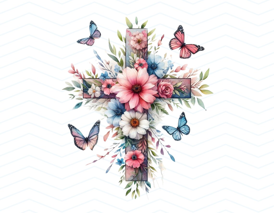Watercolor Floral Butterfly Cross SVG & PNG Clip Art Image Perfect for ...