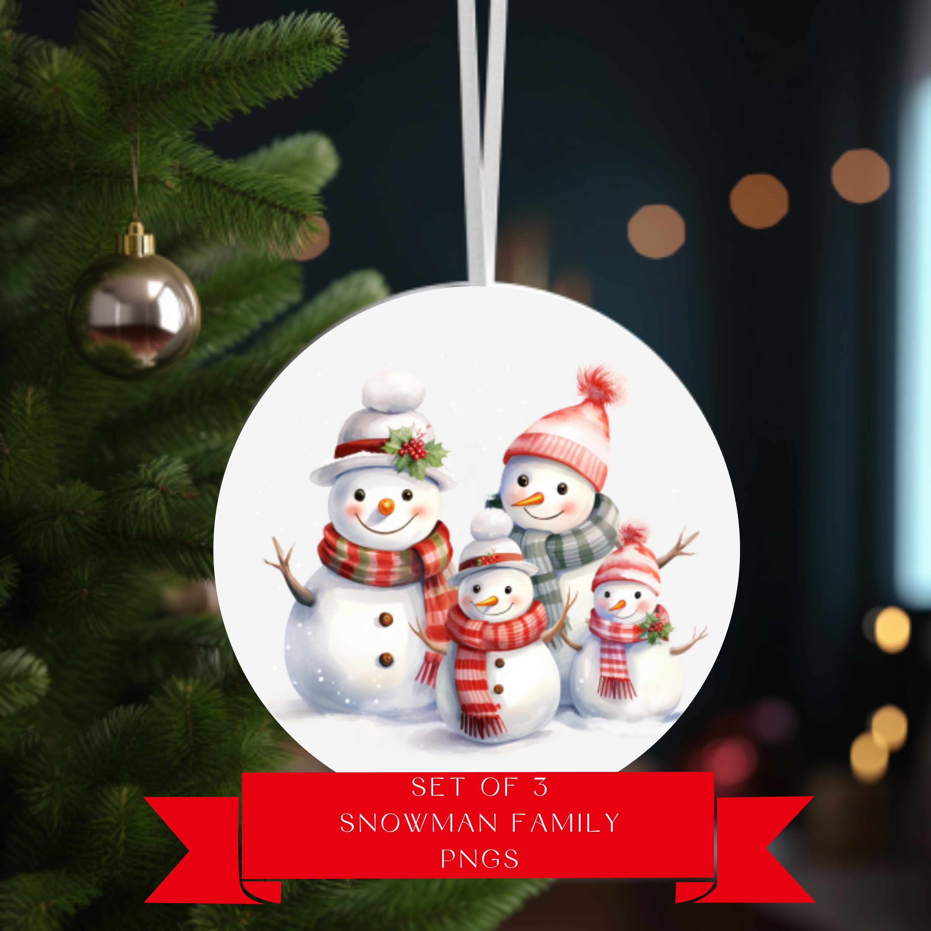Watercolor Snowman Family Set of 3 Bundle Round Christmas Tree Ornament ...