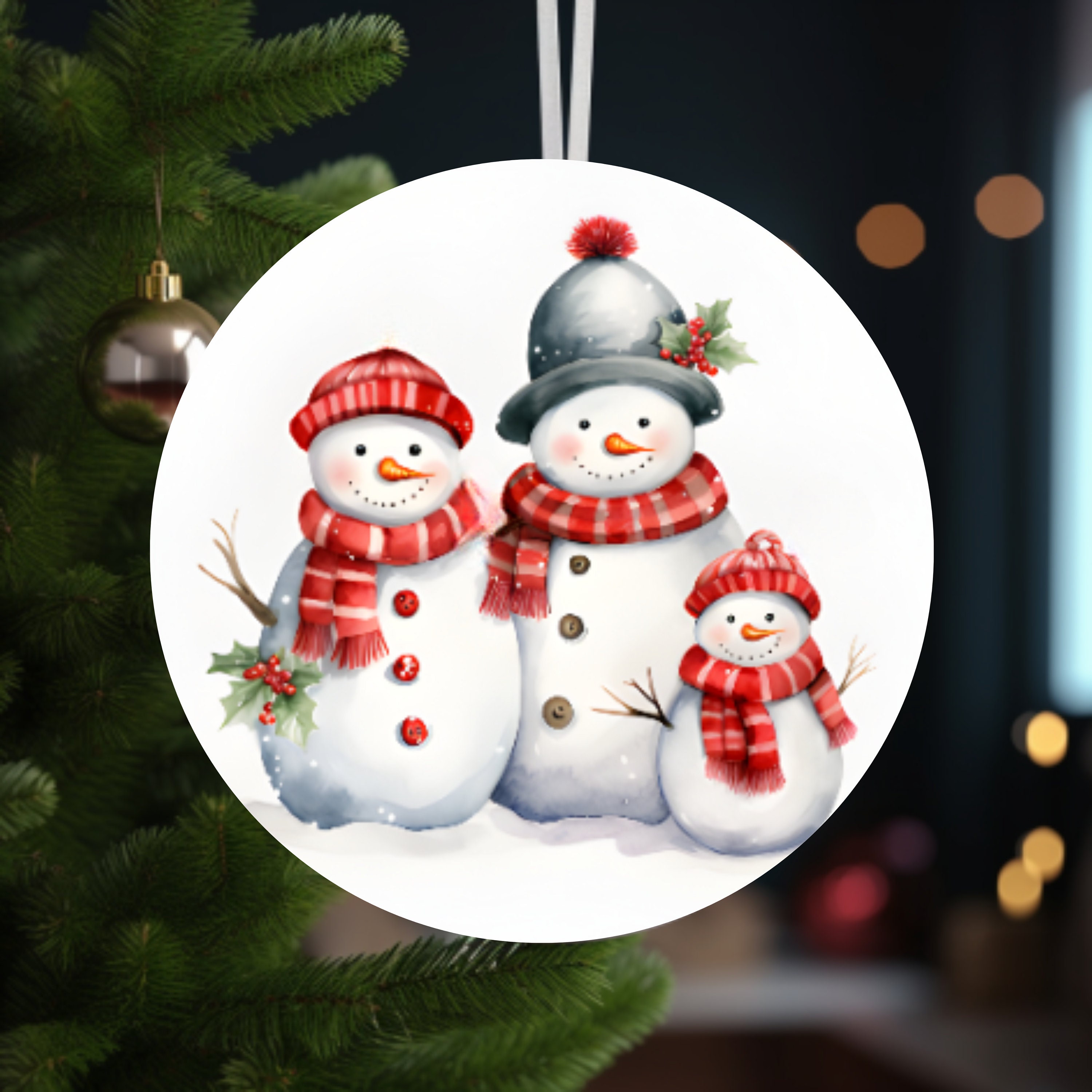 Watercolor Snowman Family Set of 3 Bundle Round Christmas Tree Ornament ...