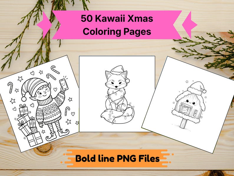 Kawaii Christmas Coloring Pages, Bold Line Art (PDF & PNG) - Etsy