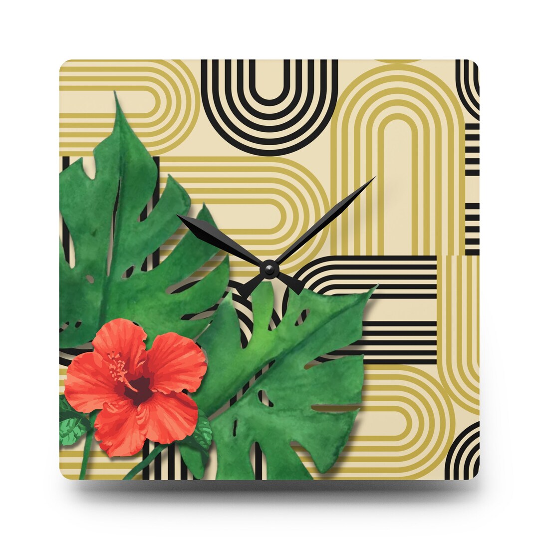 Patterned Acrylic Wall Clock Contemporary Arches Hibiscus Flower ...
