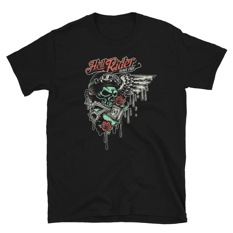 Hell Rider Winged Skull Chopper Rose Piston Biker Graphic Tee Short ...