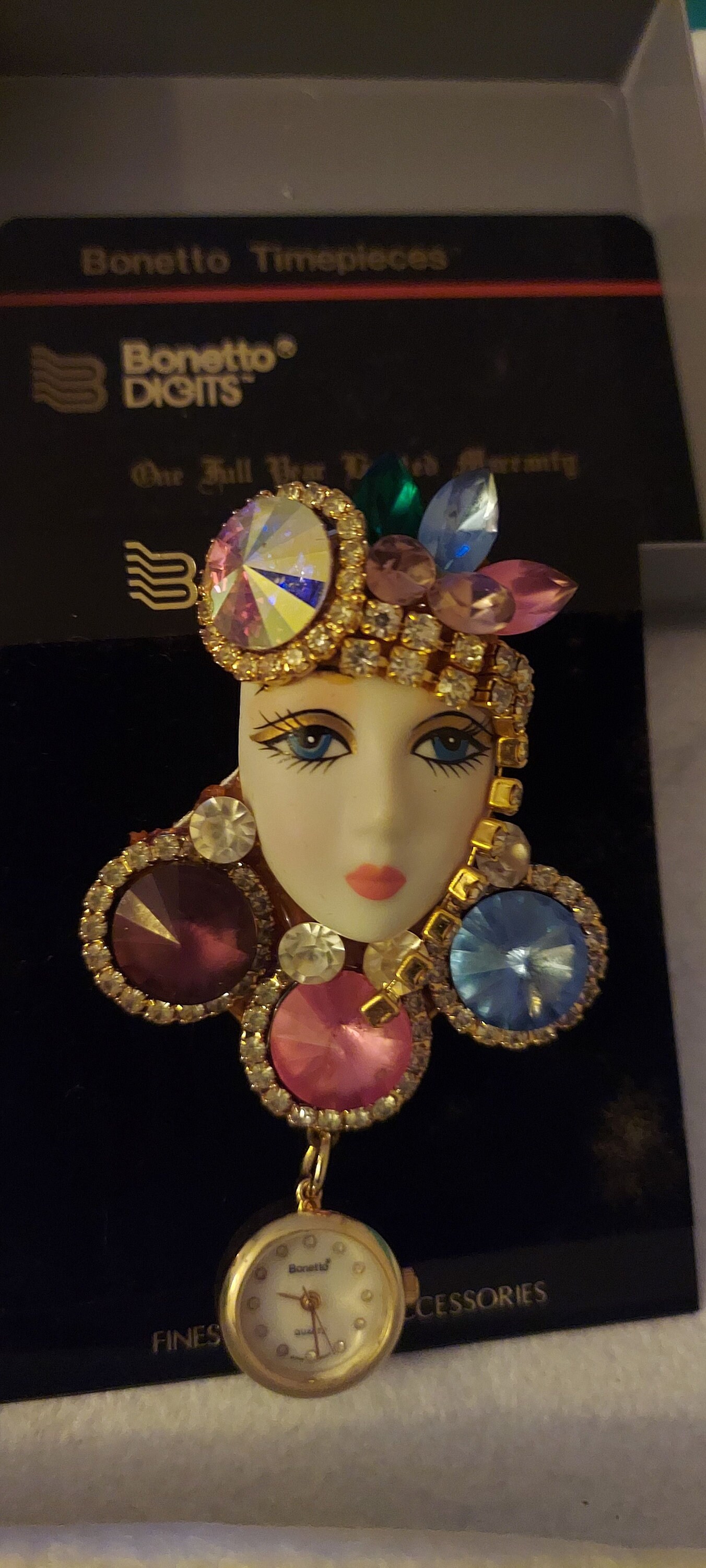 Bonetto Vintage Watch & Brooch With Large Rhinestones and Painted Lady ...