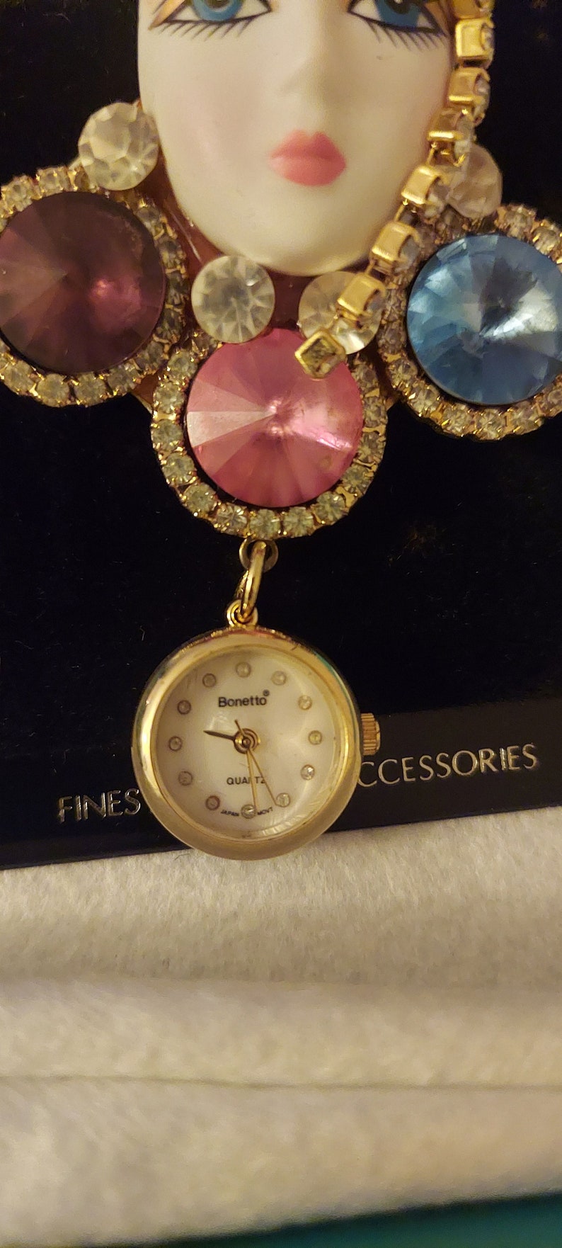 Bonetto Vintage Watch & Brooch With Large Rhinestones and Painted Lady ...