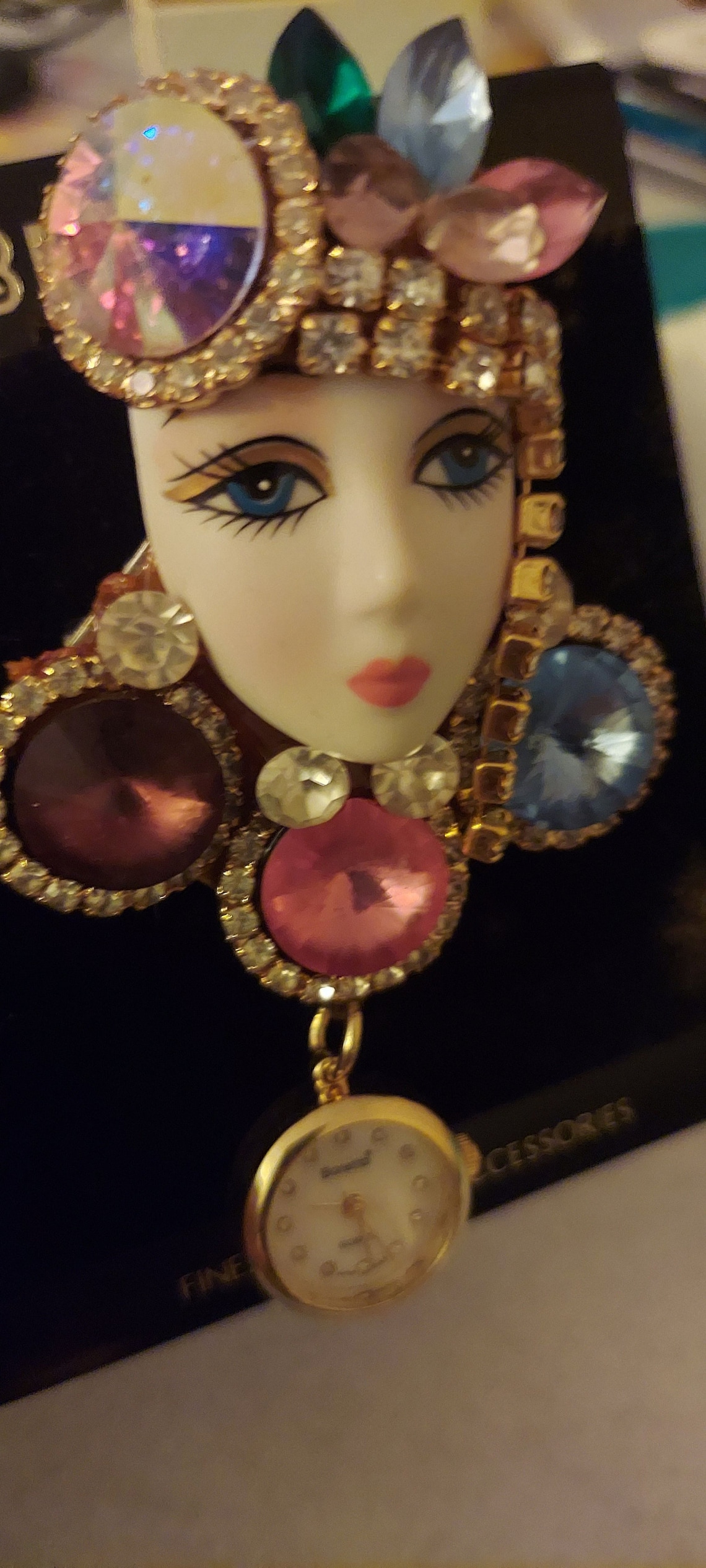 Bonetto Vintage Watch & Brooch With Large Rhinestones and Painted Lady ...