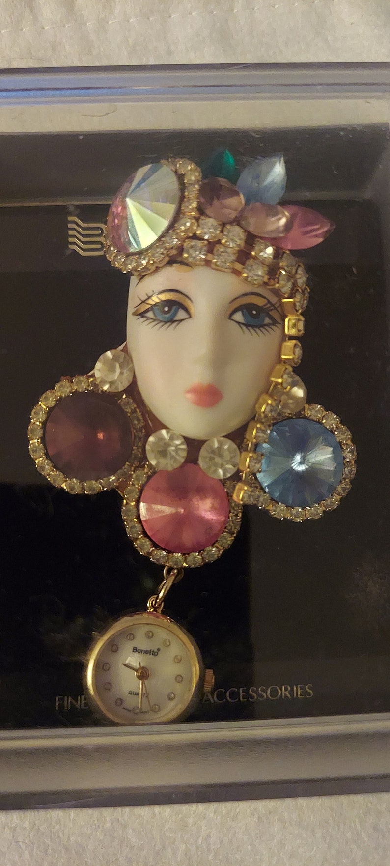 Bonetto Vintage Watch & Brooch With Large Rhinestones and Painted Lady ...