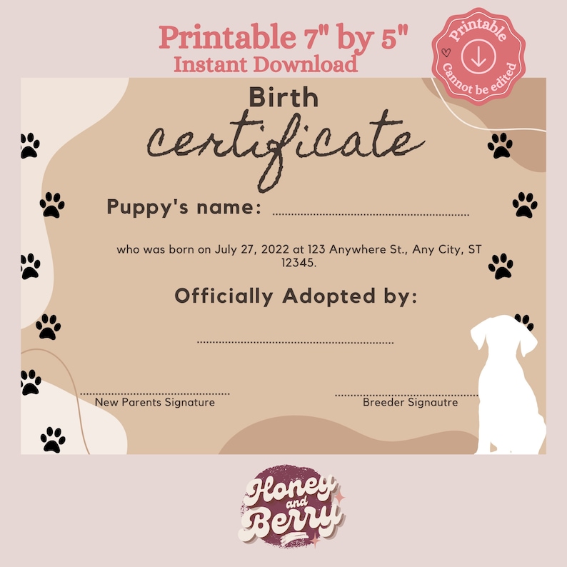 Puppy Birth Certificate New Puppy Gift Party Printable Party Favors ...