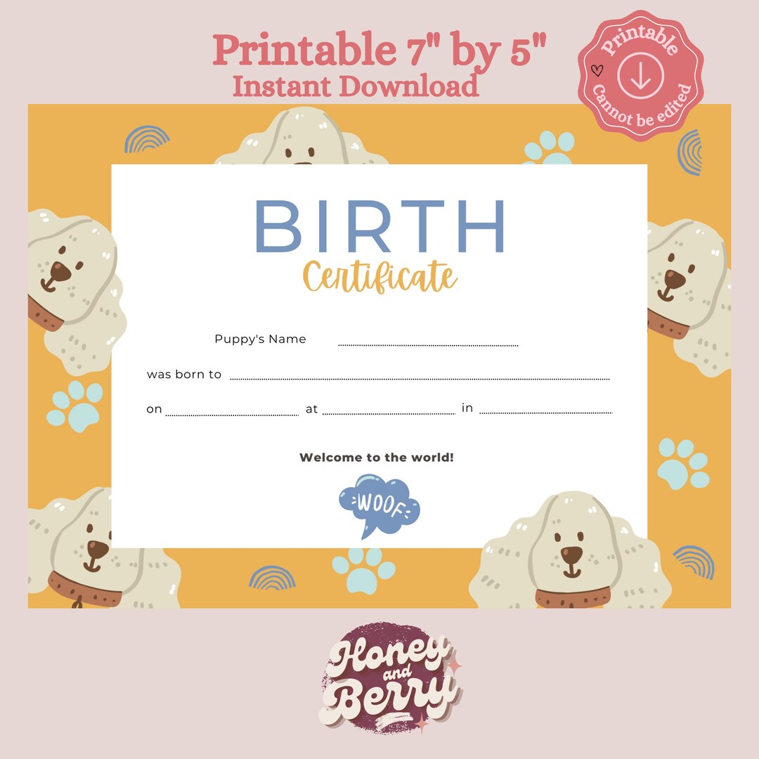 Puppy Birth Certificate New Puppy Gift Party Printable Party Favors ...