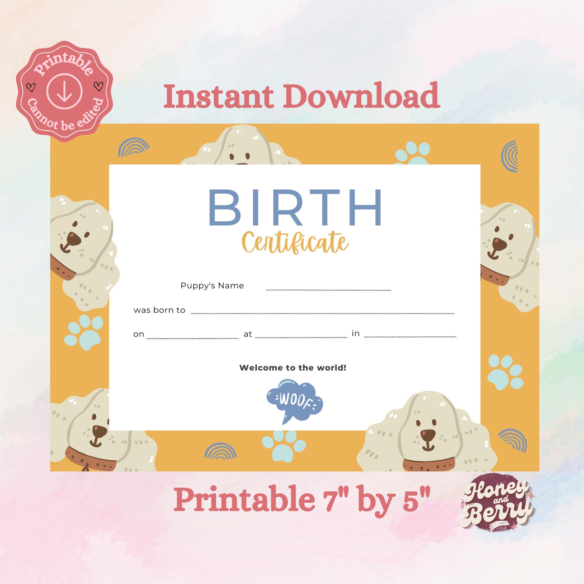 Puppy Birth Certificate New Puppy Gift Party Printable Party Favors ...
