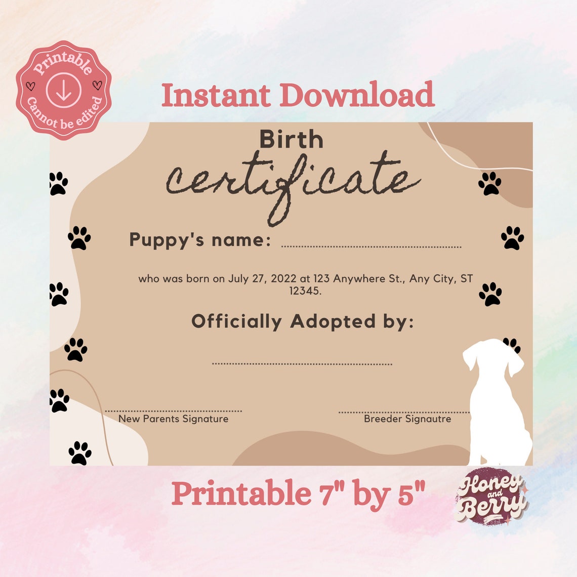 Puppy Birth Certificate New Puppy Gift Party Printable Party Favors ...