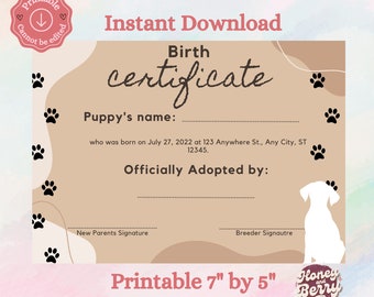Puppy Birth Certificate New Puppy Gift Party Printable Party Favors ...